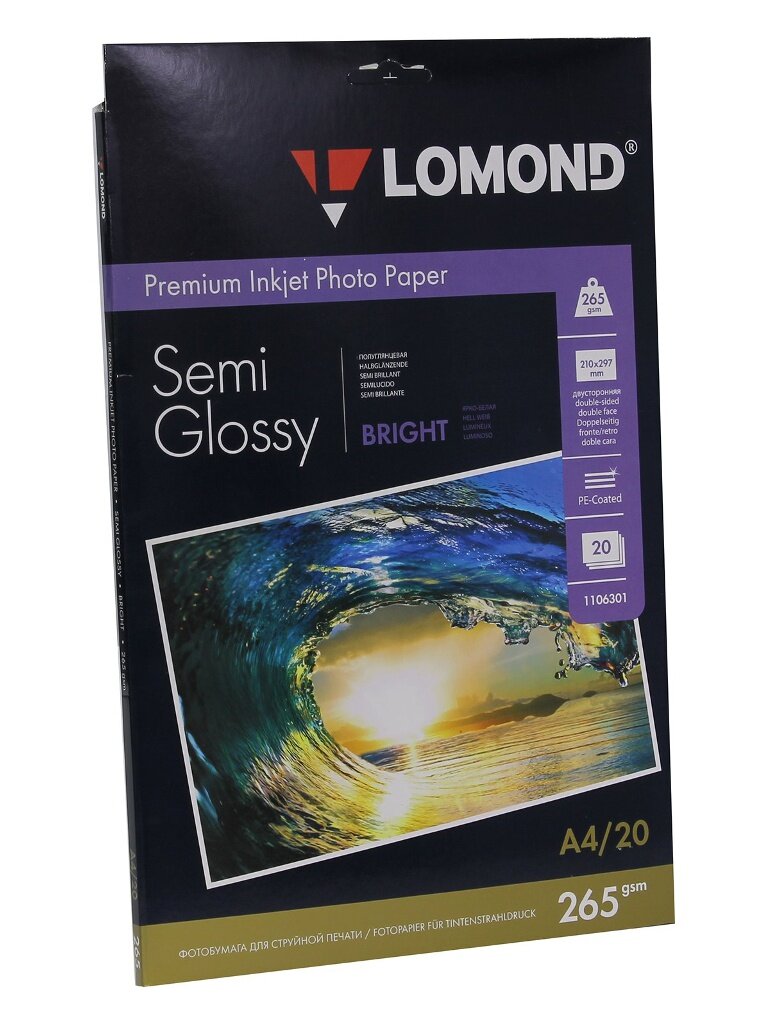 Фотобумага Lomond двусторонняя A4, 265 г/м2 (20 листов) полуглянцевая, ярко-белая (Semi Glossy Bright) (1106301)