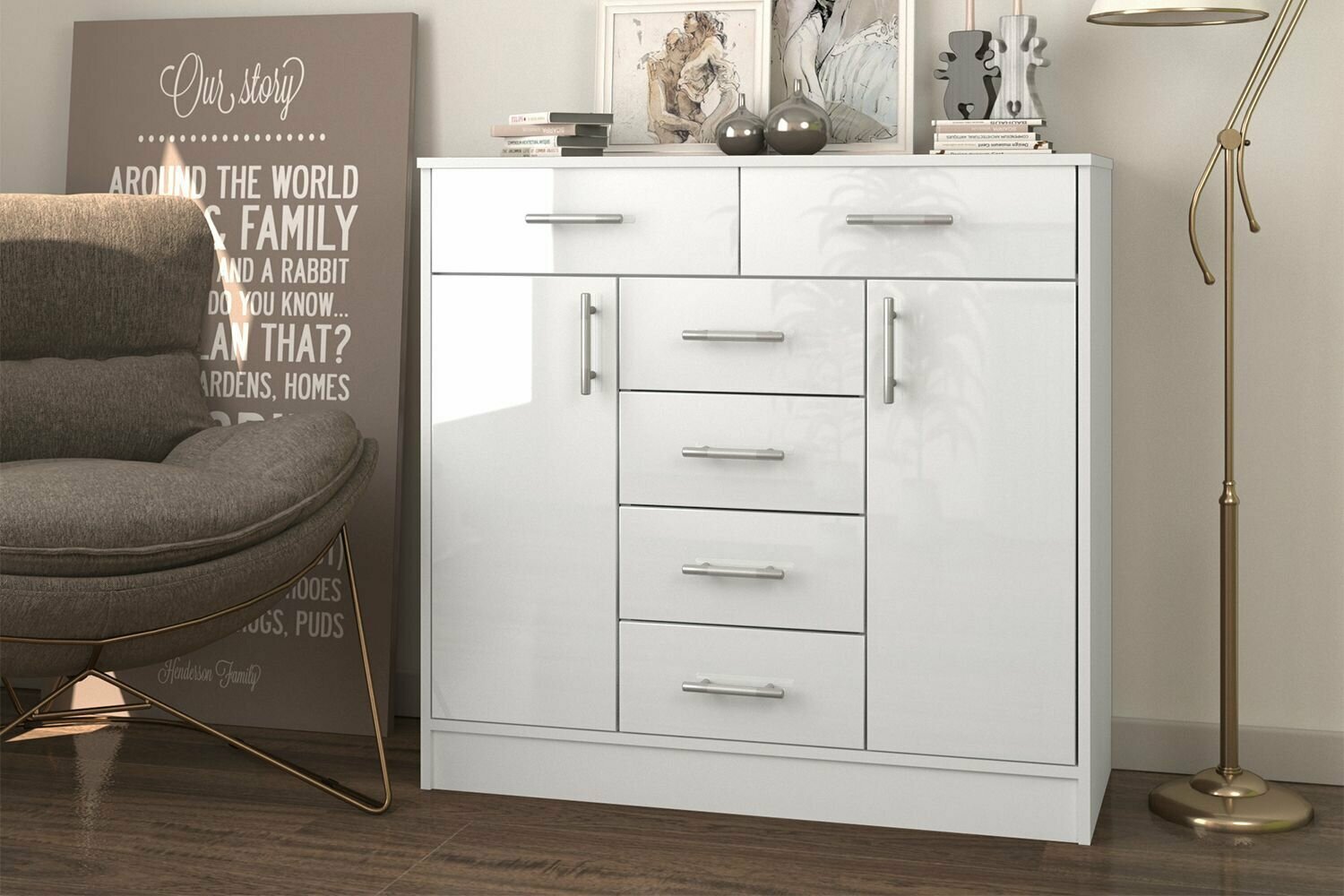 Комод Ричард 6.2 100х42х96 МДФ глянец белый DM635-6, корпус белый гладкий, 6 ящиков и 2 дверцы