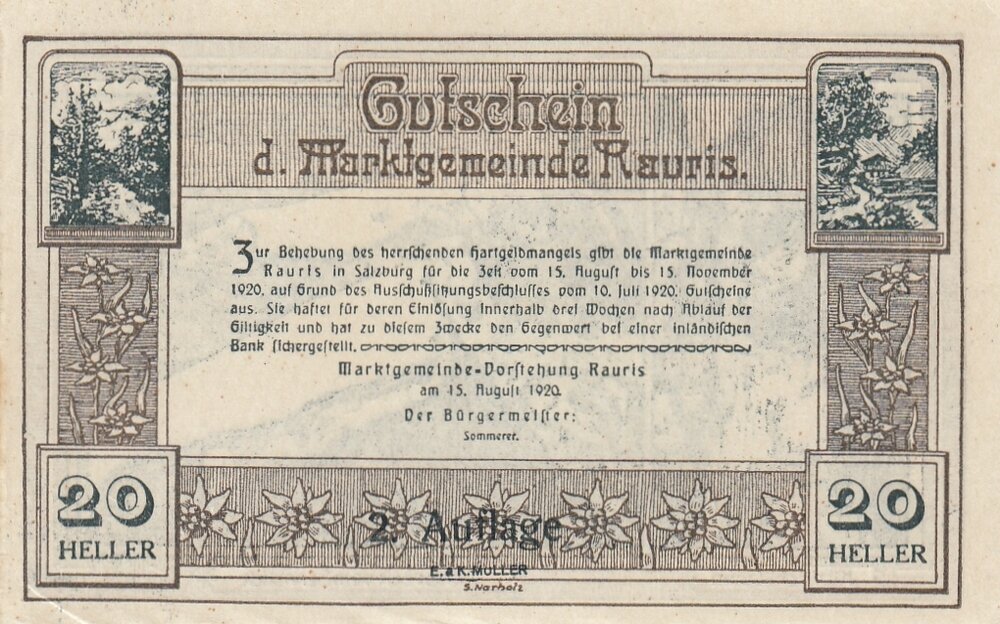 Австрия, Раурис 20 геллеров 1920 г. (№1)