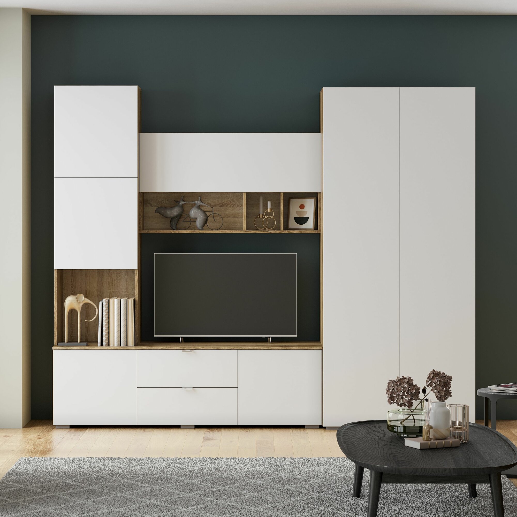 Стенка в гостиную Милан от Астрид Мебель со шкафом, нишей под ТВ, верхними модулями, 250х50х202 см, цвет Дуб Делано/Белый