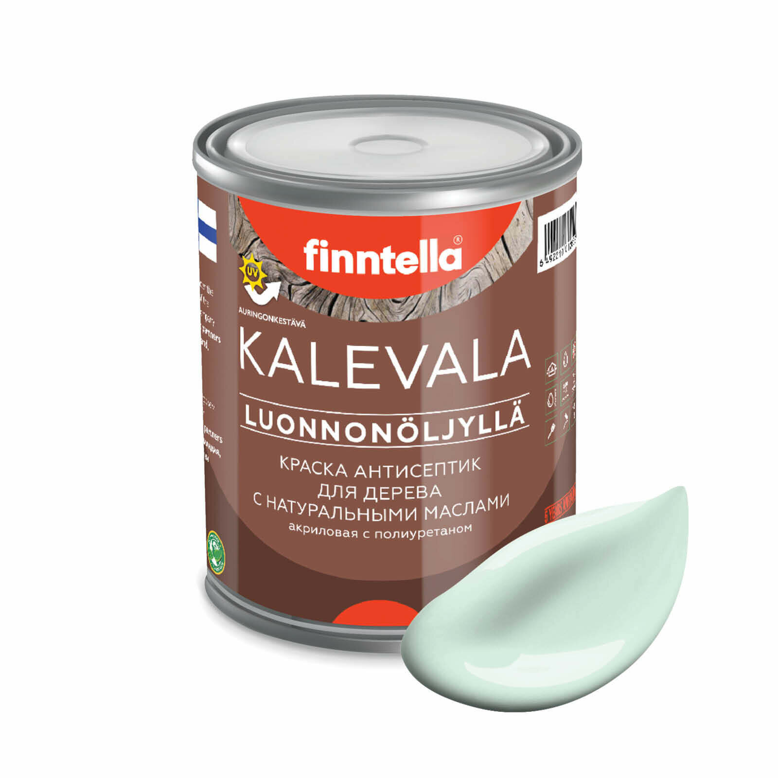 Краска для дерева и деревянных фасадов FINNTELLA KALEVALA, с натуральным маслом и полиуретаном, цвет LINTU (бледно-бирюзовый) , 0,9л