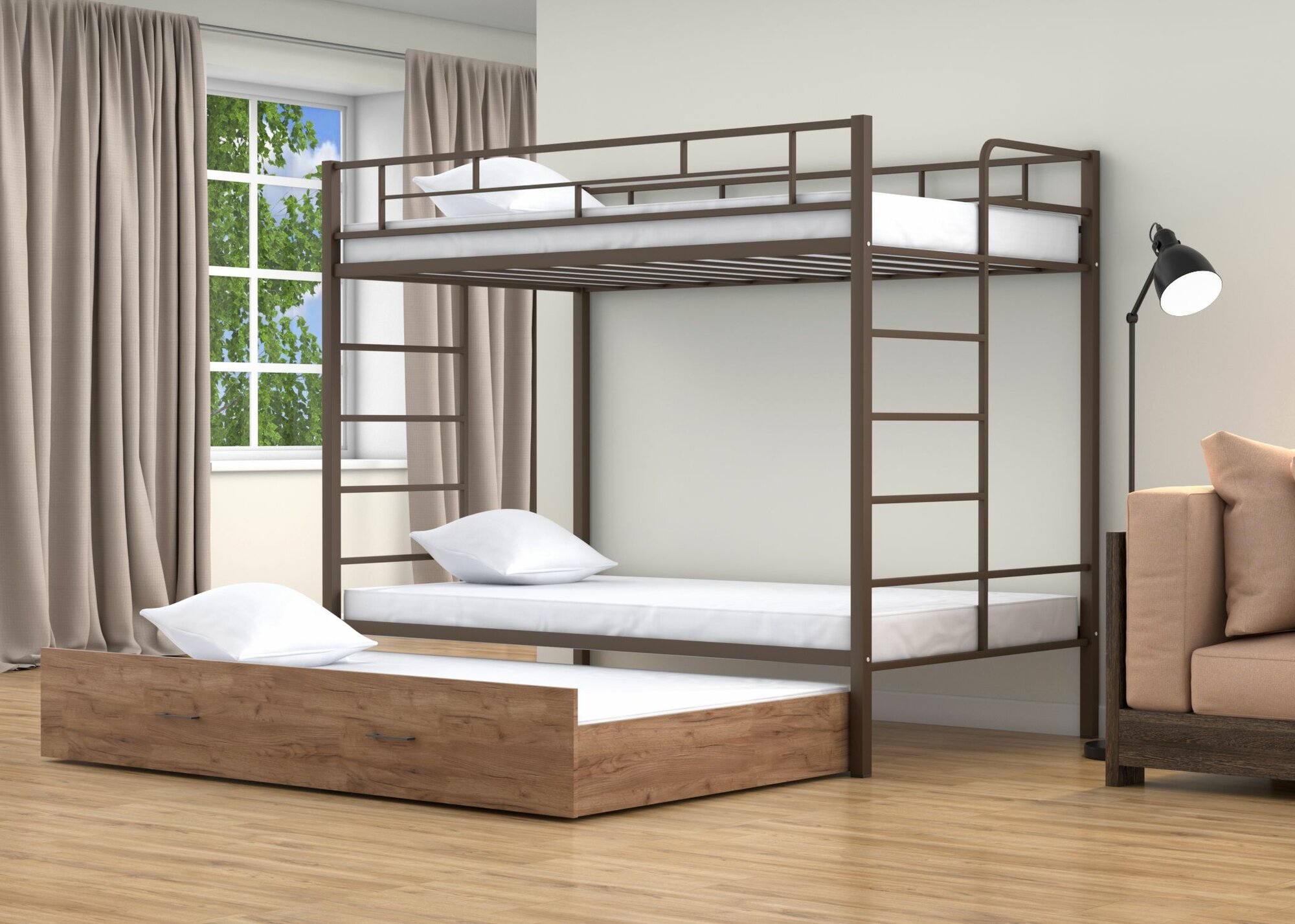 Двухъярусная кровать Валенсия 120 Твист выкатная Коричневый/Дуб крафт табак