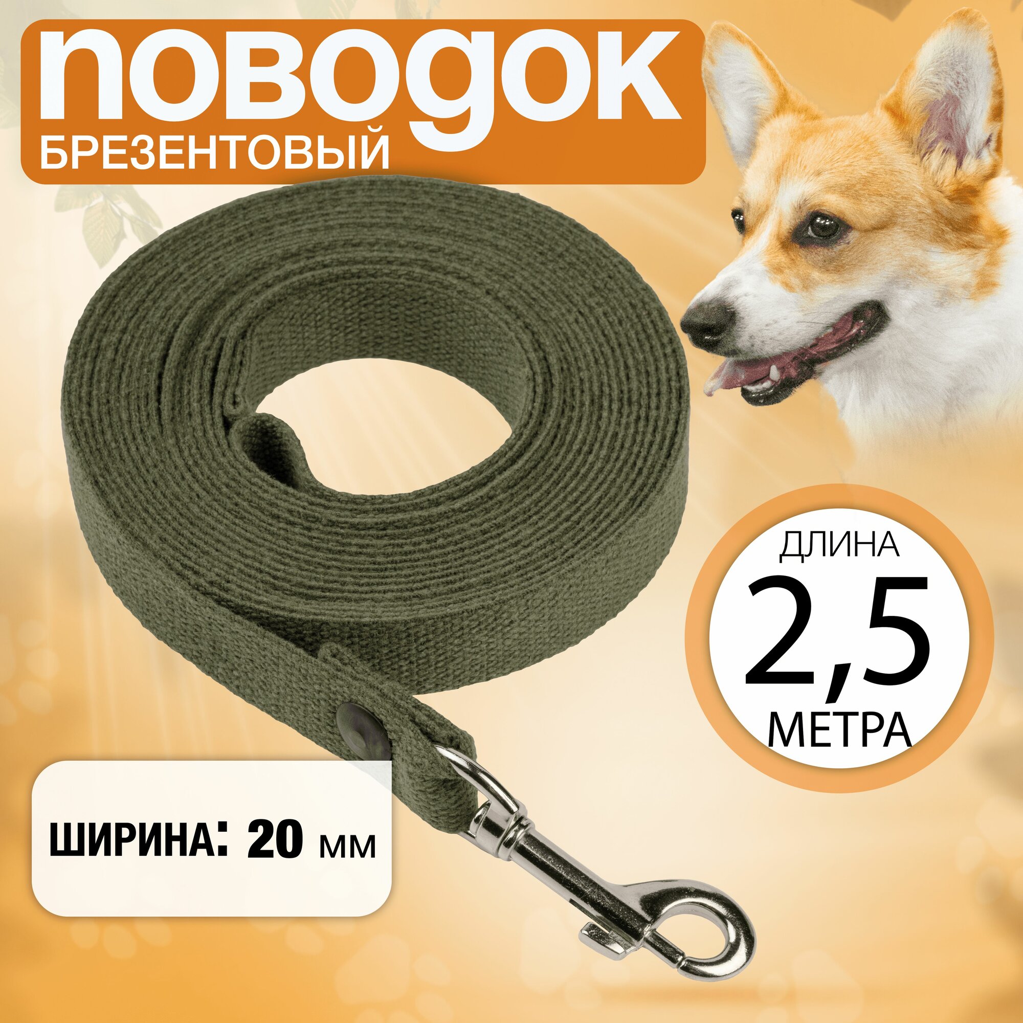 Поводок брезентовый 2,5м х 20мм, с вращающимся карабином, для собак мелких и средних пород.
