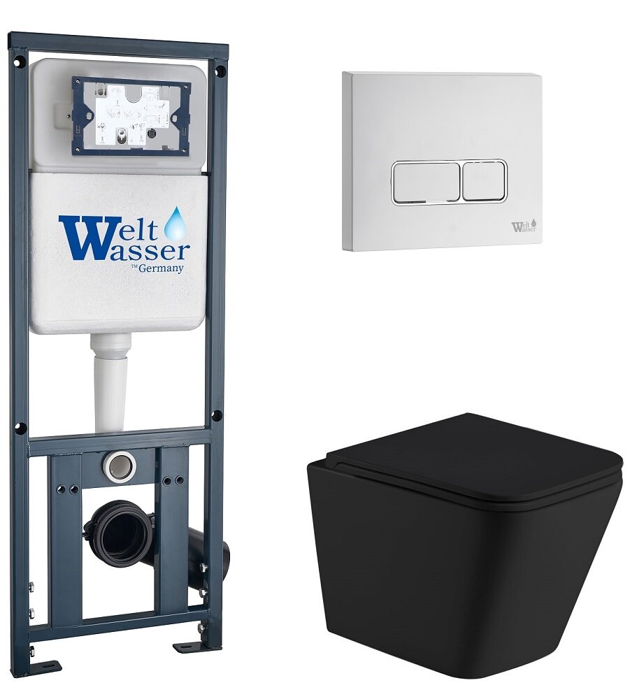 Унитаз подвесной WeltWasser MARBERG 410 + GELBACH 043 MT-BL + MAR 410 SE GL-WT черный матовый, безободковый, с крышкой микролифт, слив-торнадо, с инсталляцией и белой глянцевой кнопкой