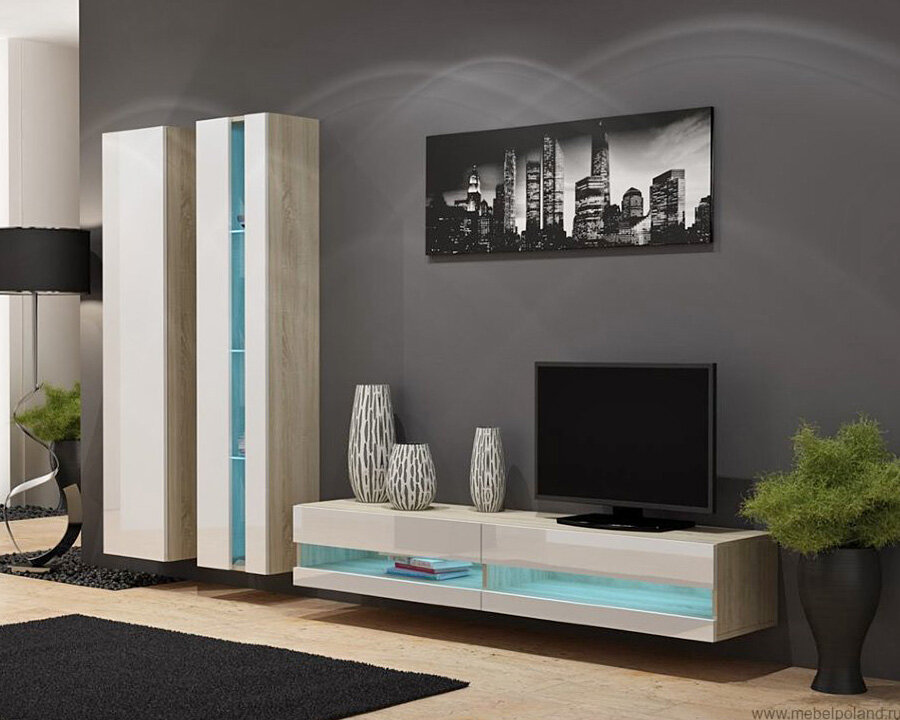 Гостиная Виго нью 5 МДФ Белый DM635-6 / Дуб Сонома 3025 NEW 260x42x180 см, белый, дуб сонома GOODFORM