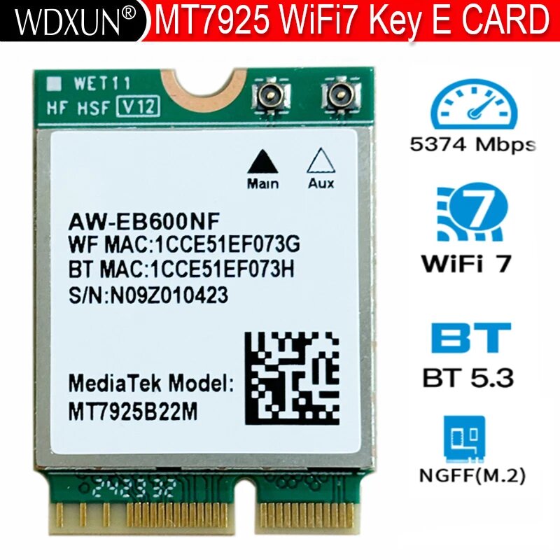 WDXUN MT7925 Wi-Fi 7 E Card, 5374 Mbps, BT 5.3, Color: MT7925