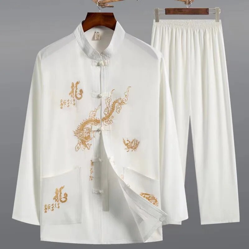 Классический костюм Тан Дракона из хлопка Белый, 42 (75-85kg), long white set