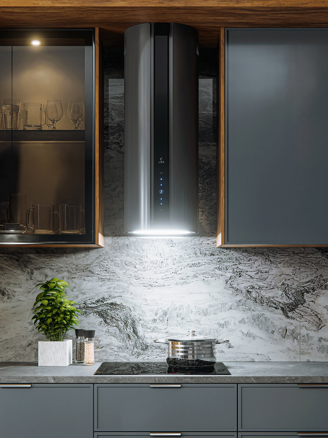 Вытяжка кухонная декоративная LEX TORO 350 GREY, 35см, отделка стекло, 9 скоростей, отложенное выключение, LED лампа.