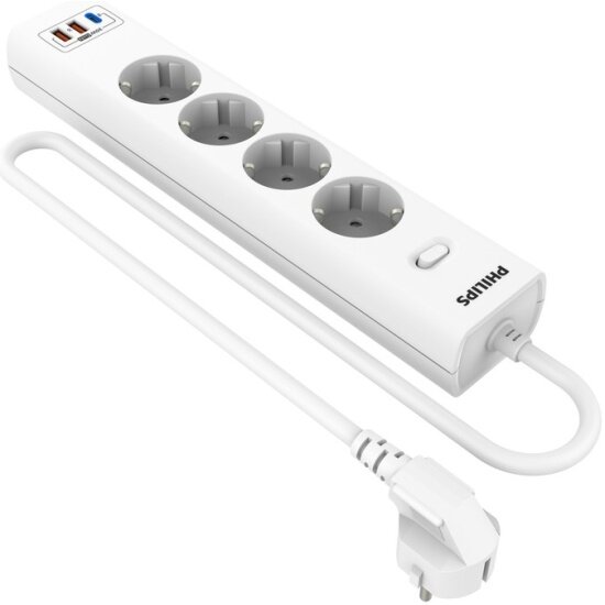 Сетевой фильтр Philips 4 Розетки с USB PD/QC3.0 (5/9/12В) 30Вт кабель - 2M белый