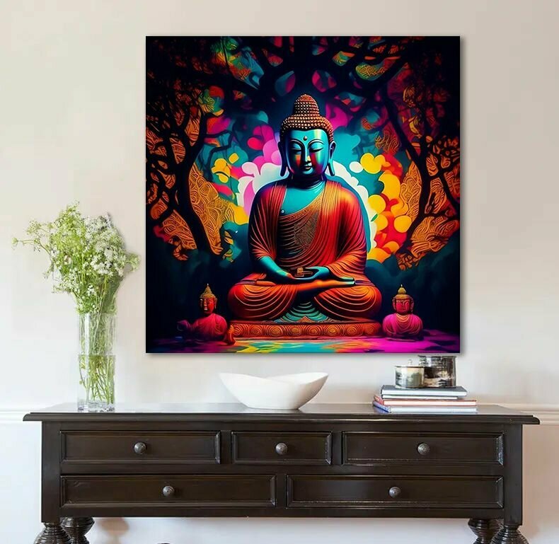 Картина "Многоликий Будда", на холсте, на деревянном подрамнике, 40x40