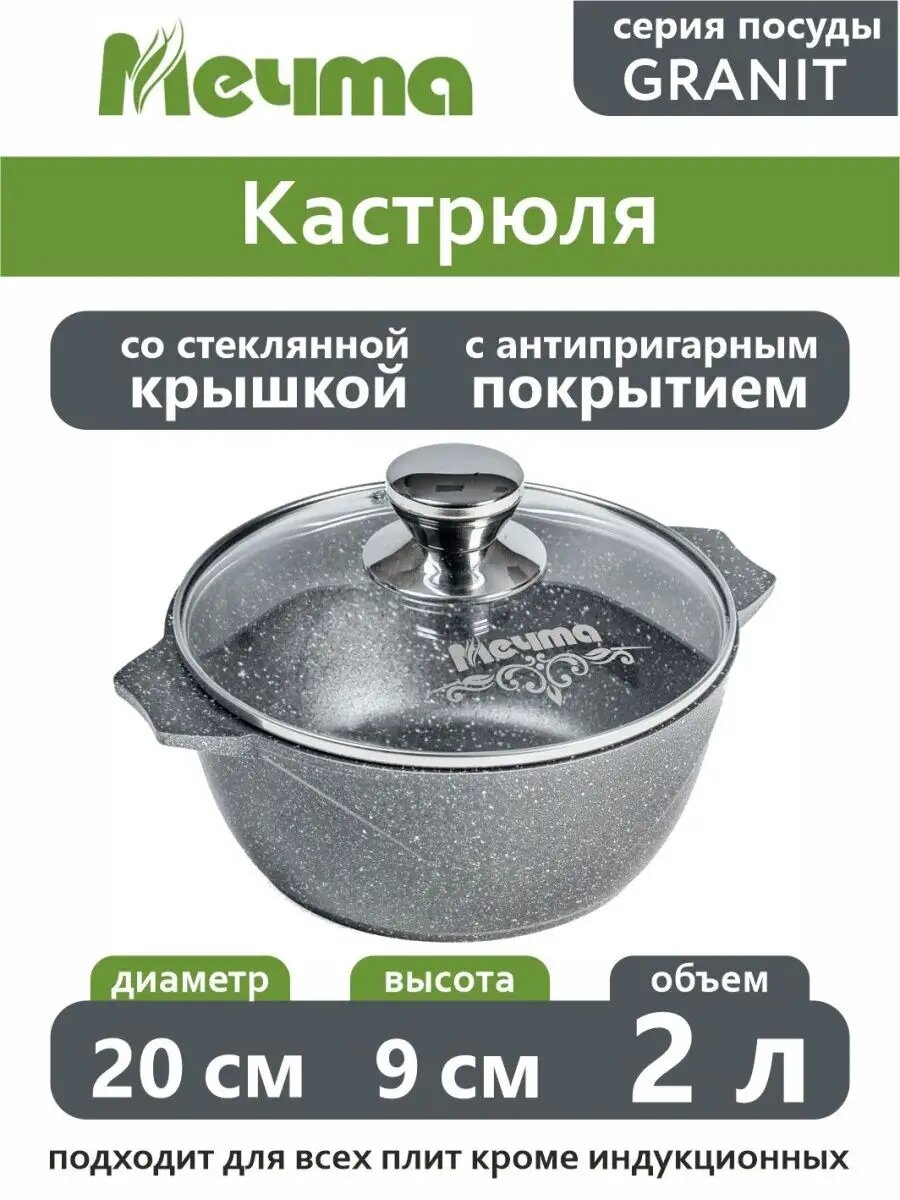 Кастрюля 2 литра с антипригарным покрытием гранит