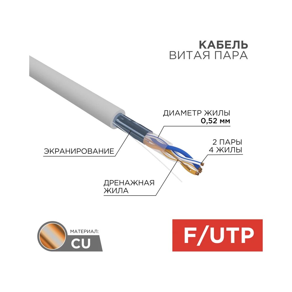 Кабель витая пара REXANT F/UTP CAT5e LSZH нг(А)-HF 2x2х0,52 мм 24AWG внутренний однопроволочный серый 305 м PRO 02-0022