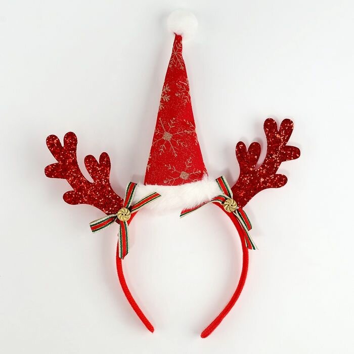 Карнавальный ободок новогодний для волос детский Колпак с рожками , красный