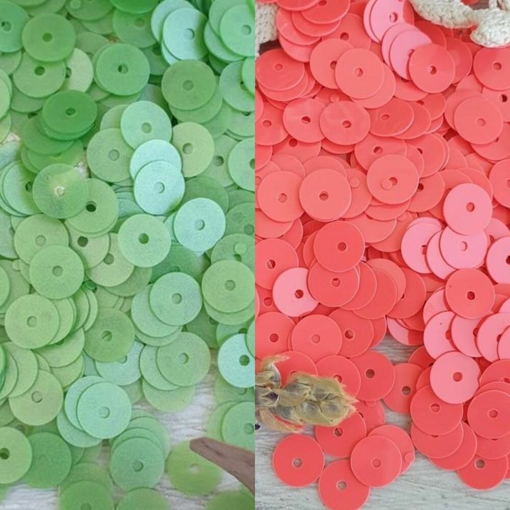 Пайетки круглые 6 мм, плоские, зеленые и розовые #p072/073. 2 упаковки по 3 грамма