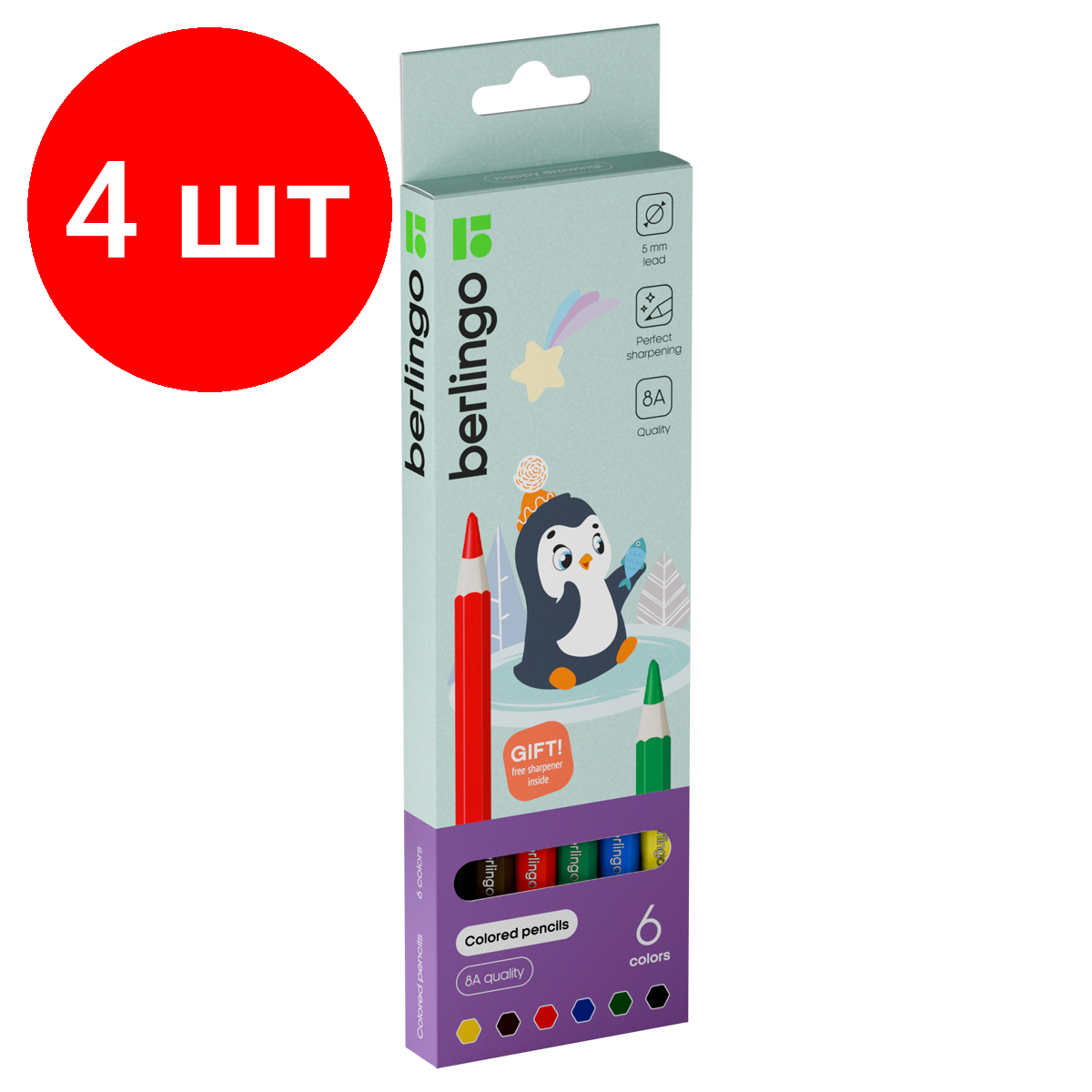 Комплект 4 шт, Карандаши цветные утолщенные Berlingo "SuperSoft. Jumbo", 06цв, шестигранные, заточ, европ.