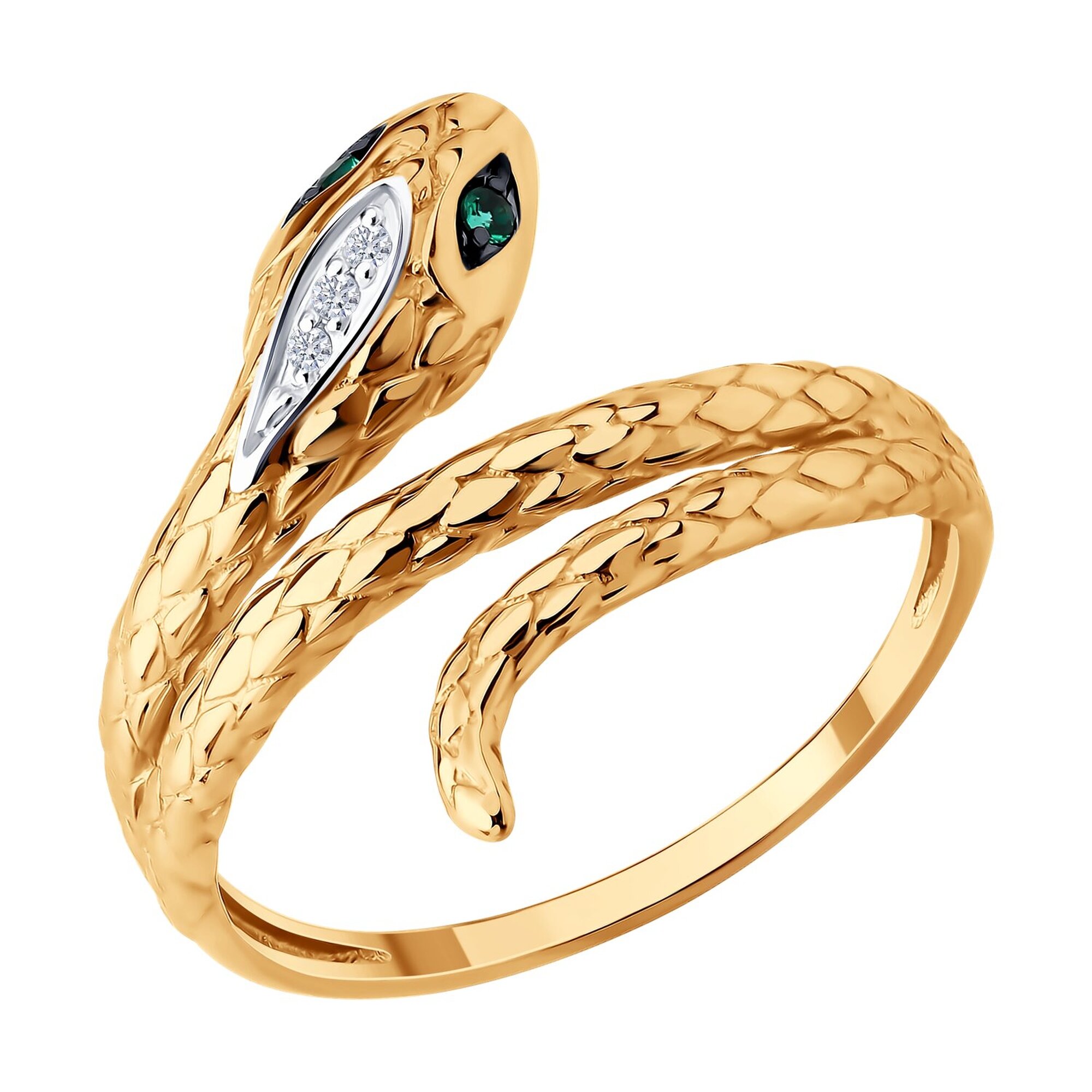 Кольцо, красное золото, 585 проба, изумруд синтетический, бриллиант