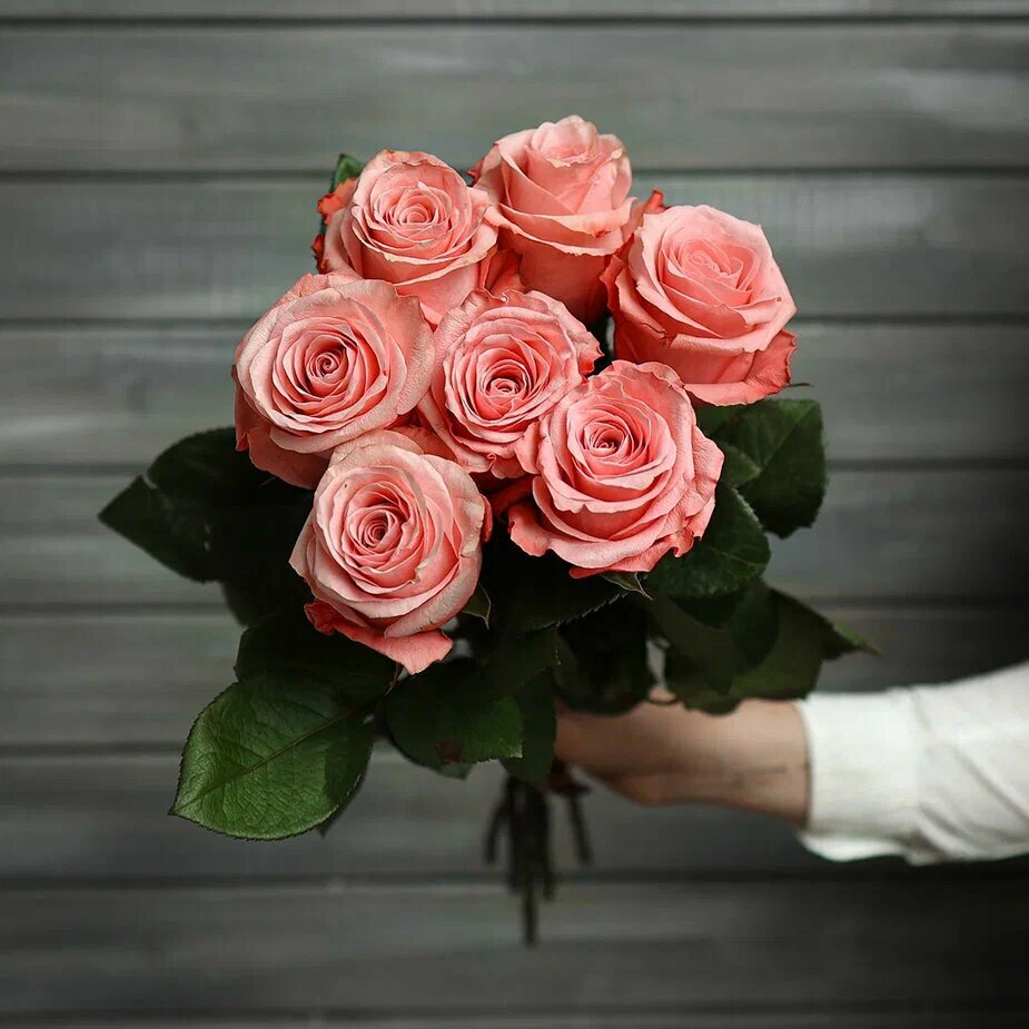 Монобукет Букет Маркет, розы, Эквадор, 7 шт, 50см, под ленту, розовый