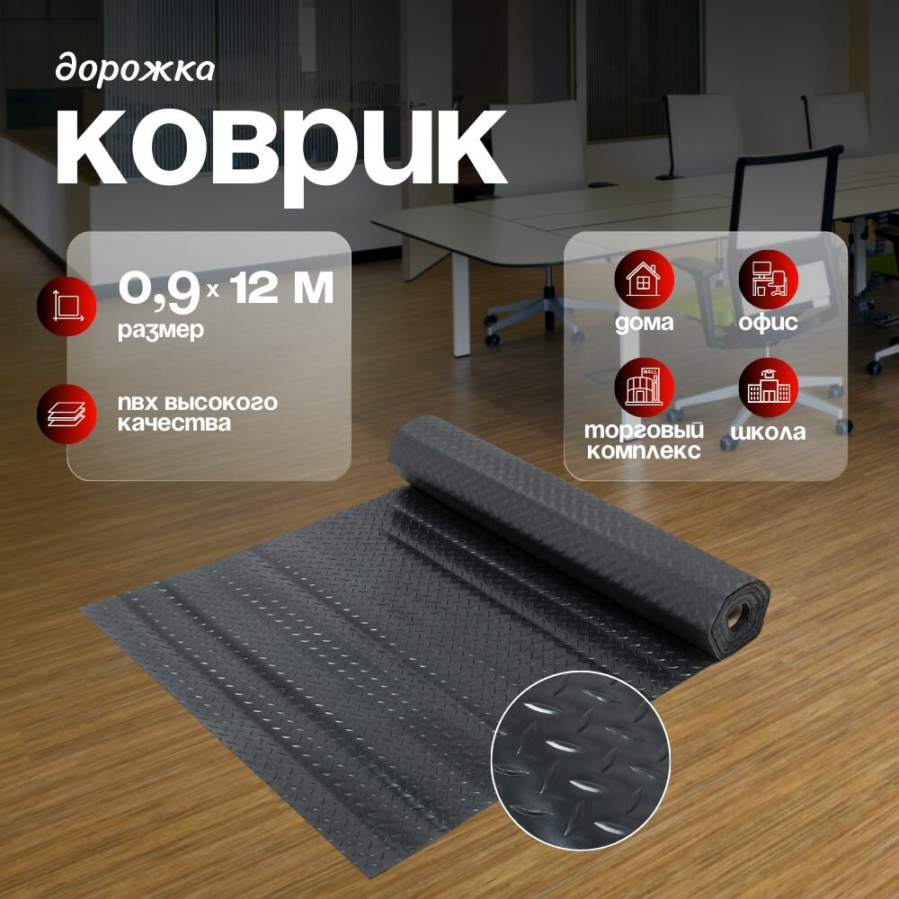 Коврик дорожка рулон резиновый Sanstep 0,9х12 м уличный для обуви, для прихожей, для улицы и офиса, грязезащитный.