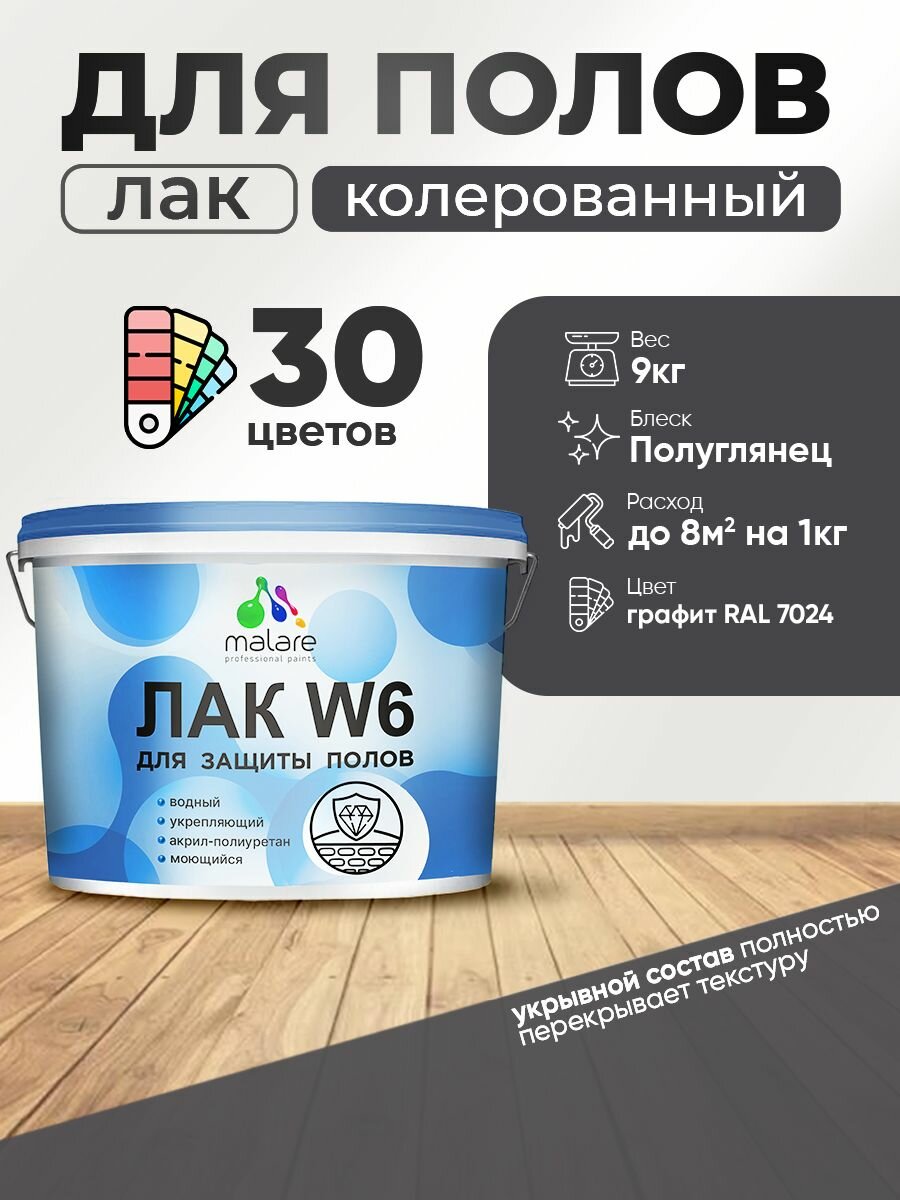 Лак колерованный укрывной для защиты пола Malare W6 для паркета и ламината, для дерева и минеральных поверхностей, водный без запаха быстросохнущий, полуглянцевый RAL 7024 графит, 9 кг.