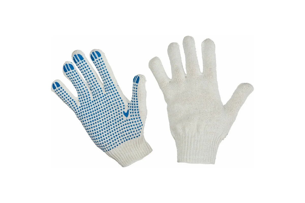 Перчатки спецлеон 4 нити 10 класс ПВХ, белые, M (размер 8), 10 пар, с точечным ПВХ и резиновой манжетой для садово‑строительных работ.