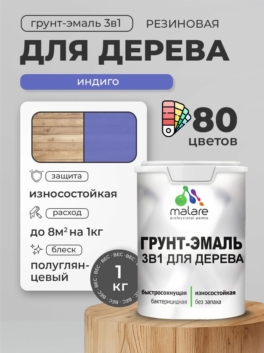 Резиновая Грунт-Эмаль 3 в 1 Malare для деревянных поверхностей/ краска по дереву с антисептическим эффектом/ быстросохнущая моющаяся без запаха полуглянцевая, индиго, 1 кг