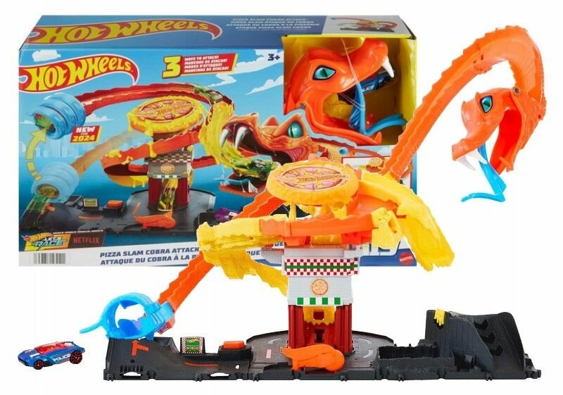 Игрушечный трек Hot Wheels City Cool Pizza - Крутая пицца Набор Атака кобры со спиральной дорожкой в форме хвоста кобры и машинкой - Хот Вилс HTN81