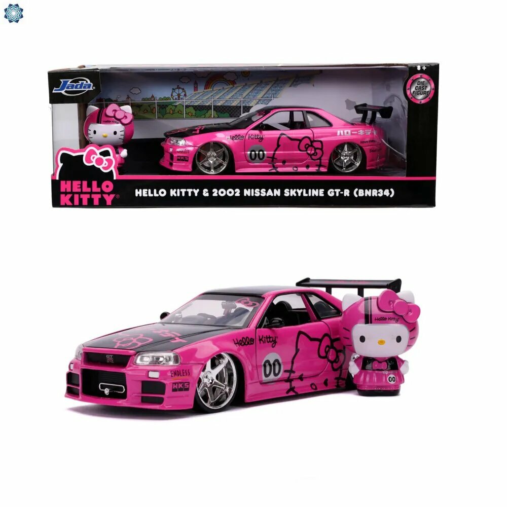 Hello Kitty 1:24 2002 Nissan Skyline GT-R (BNR34) Литой автомобиль и фигурка Hello Kitty, игрушки для детей и взрослых