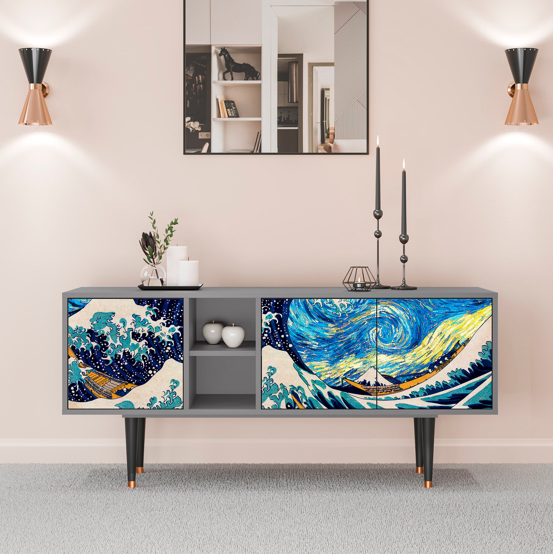 ТВ-Тумба - STORYZ - T5 The Great Wave off Kanagawa by Hokusai, Размер - 150 x 69 x 41 см, Цвет корпуса - , Серый