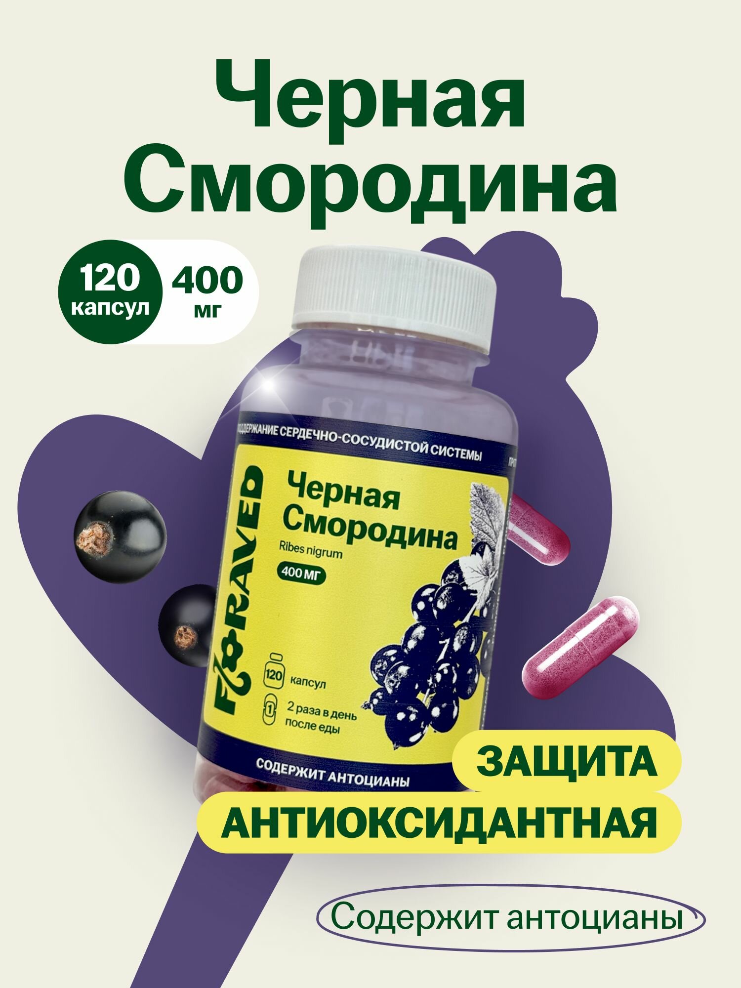 Черная смородина; экстракт для зрения, сосудов и защиты от свободных радикалов; 400 мг, 120 капсул
