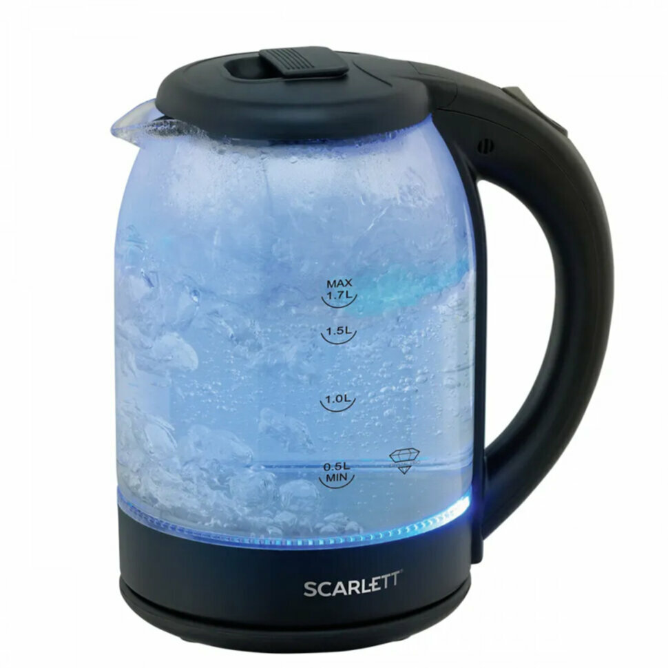 Чайник SCARLETT SC-EK27G90, 1,7 л, 1800 Вт, закрытый нагревательный элемент, стекло, черный, 457212
