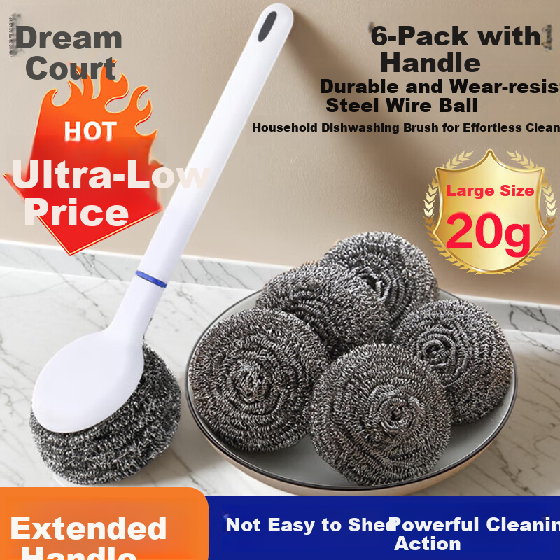 MENGTING Stainless Steel Wire Ball Brush Pot Cleaning Tool with Handle - Long Handle Cleaning Ball [Handle + 6 Wire Balls]