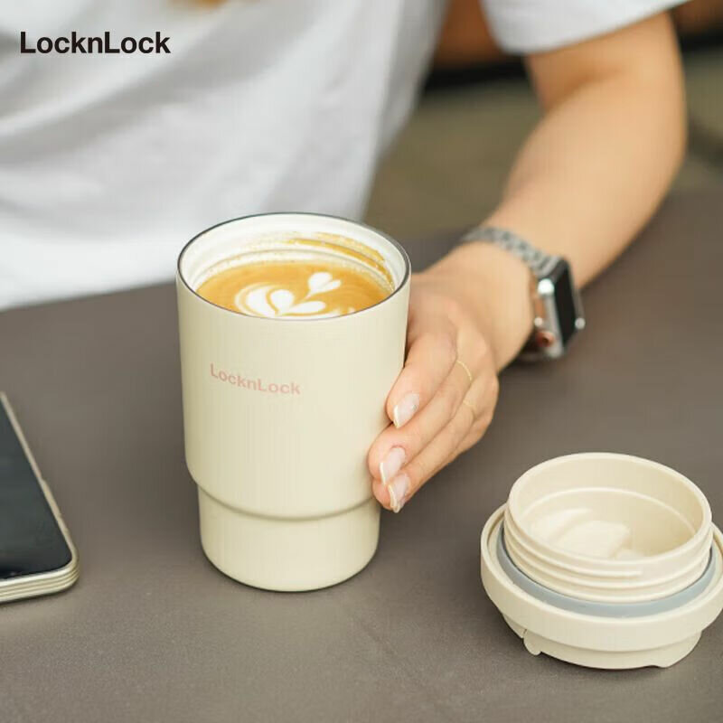 LOCK&LOCK Ceramic-Coated Insulated Coffee Mug for Men And Women, Stylish Portable Water Cup for Students, 400ML Beige