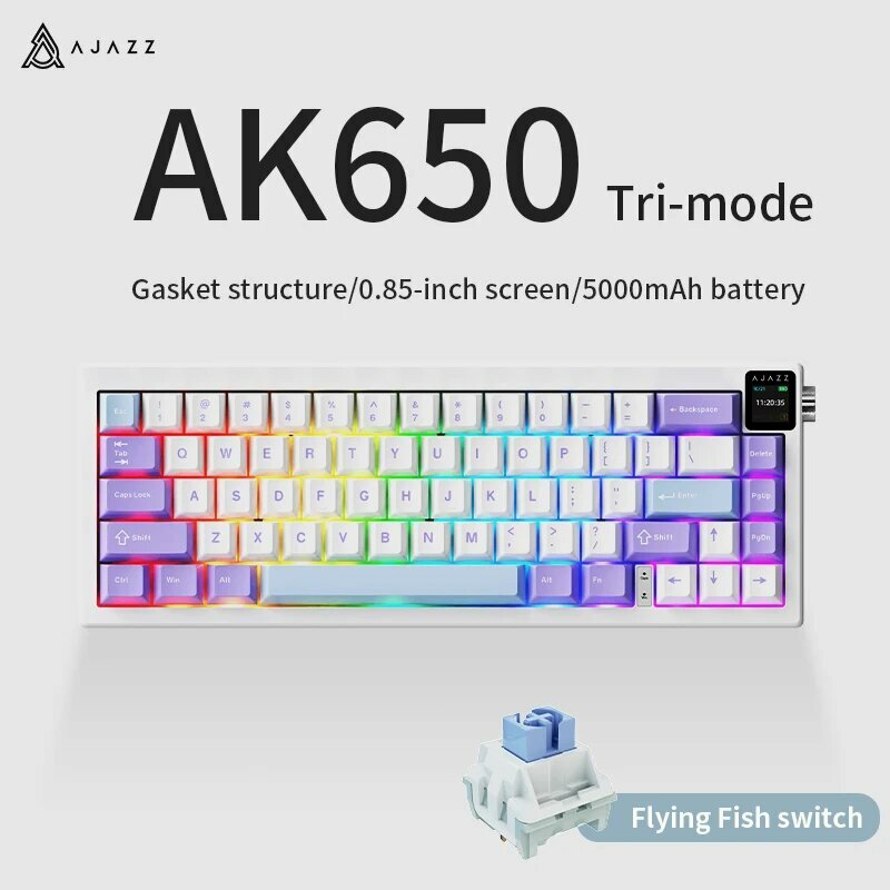 Механическая клавиатура AJAZZ AK650, трехрежимное подключение, ось flying fish, RGB (фиолетовый, белый и синий)