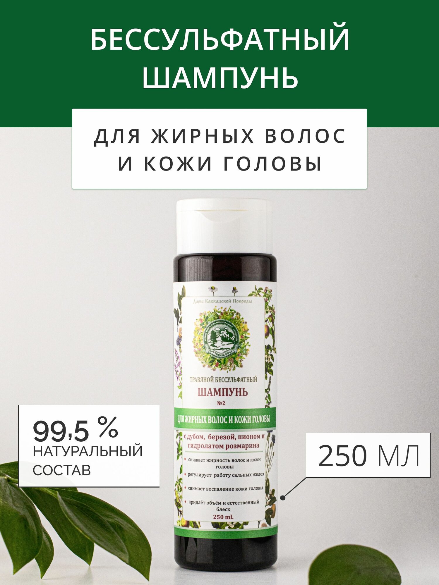 Шампунь Дары Кавказской природы №2, бессульфатный, травяной, для жирных волос, 250 мл