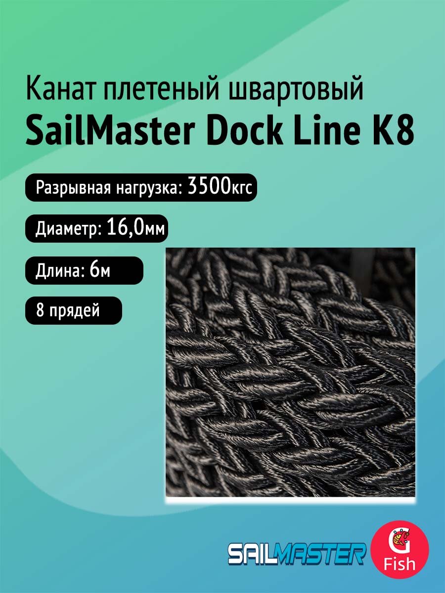 Канат плетеный швартовый SailMaster 8-и прядный Dock Line К8, 16,0 мм, черный, 3500 кгс, 6 м, пакет