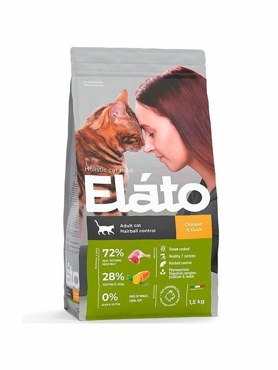 Корм Elato для кошек с курицей и уткой д/выведения шерсти 1,5кг