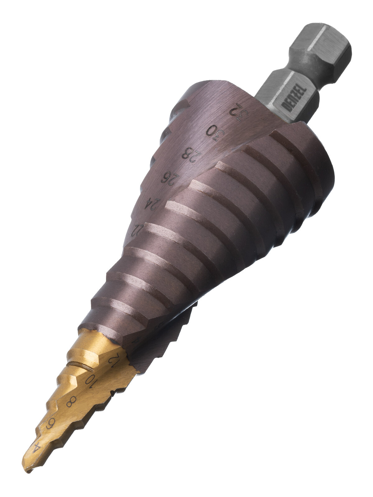 Сверло ступенчатое по металлу Denzel 4, 6, 8, 10, 12, 14, 16, 18, 20, 22, 24, 26, 28, 30, 32 мм, 6-гр. хвостовик, 723616