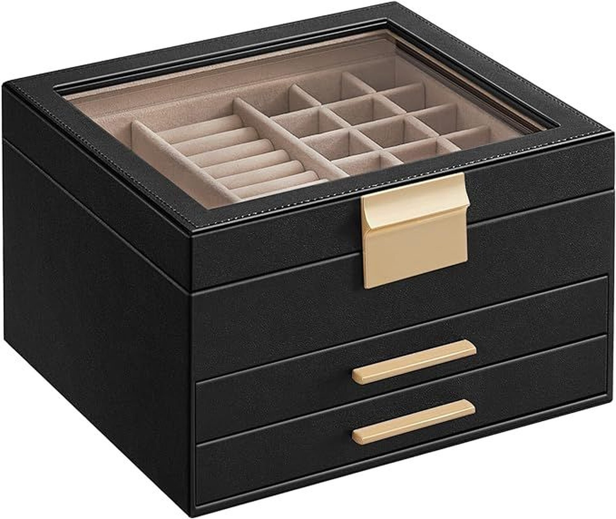 Шкатулка для драгоценностей SONGMICS - 3 яруса, со стеклянной крышкой, графитово-черный + золотой, JBC239B03