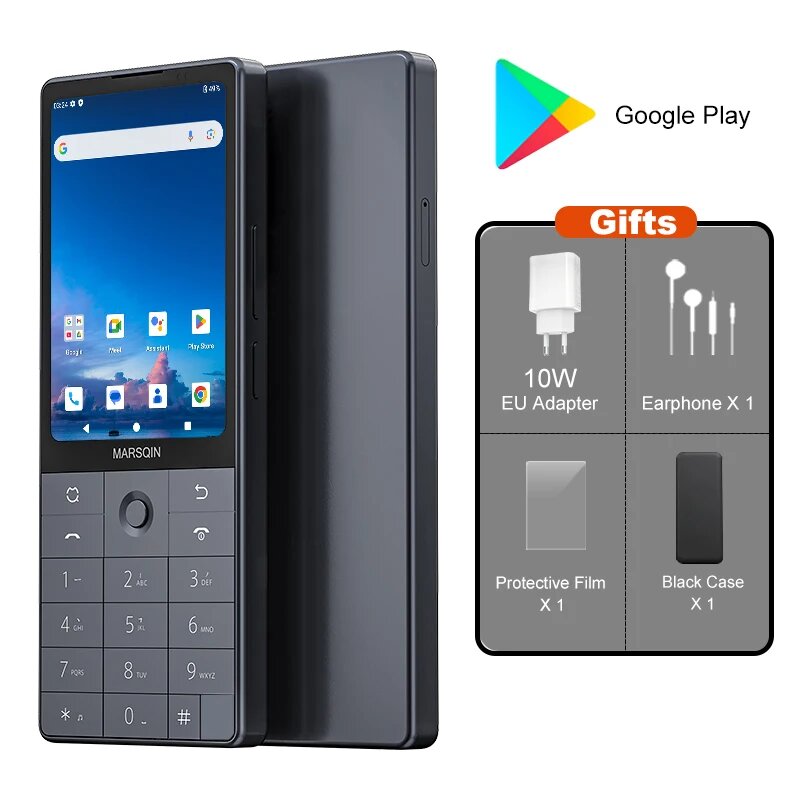 Qin F25 без камеры, сенсорный экран с двумя SIM-картами, MTK8786, Android 14 3,54 дюйма, 6 ГБ + 128 ГБ, аккумулятор Google 2700 мАч, Bluetooth, 640*960, телефон EU Charger, Google Black