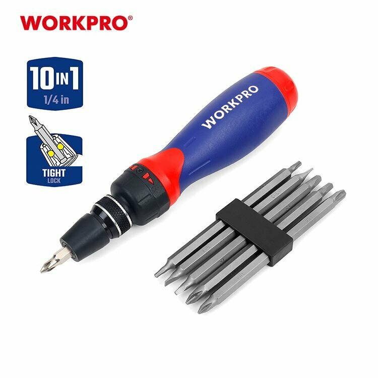 Отвертка со сменными наконечниками 10 в 1 храповый механизм WORKPRO