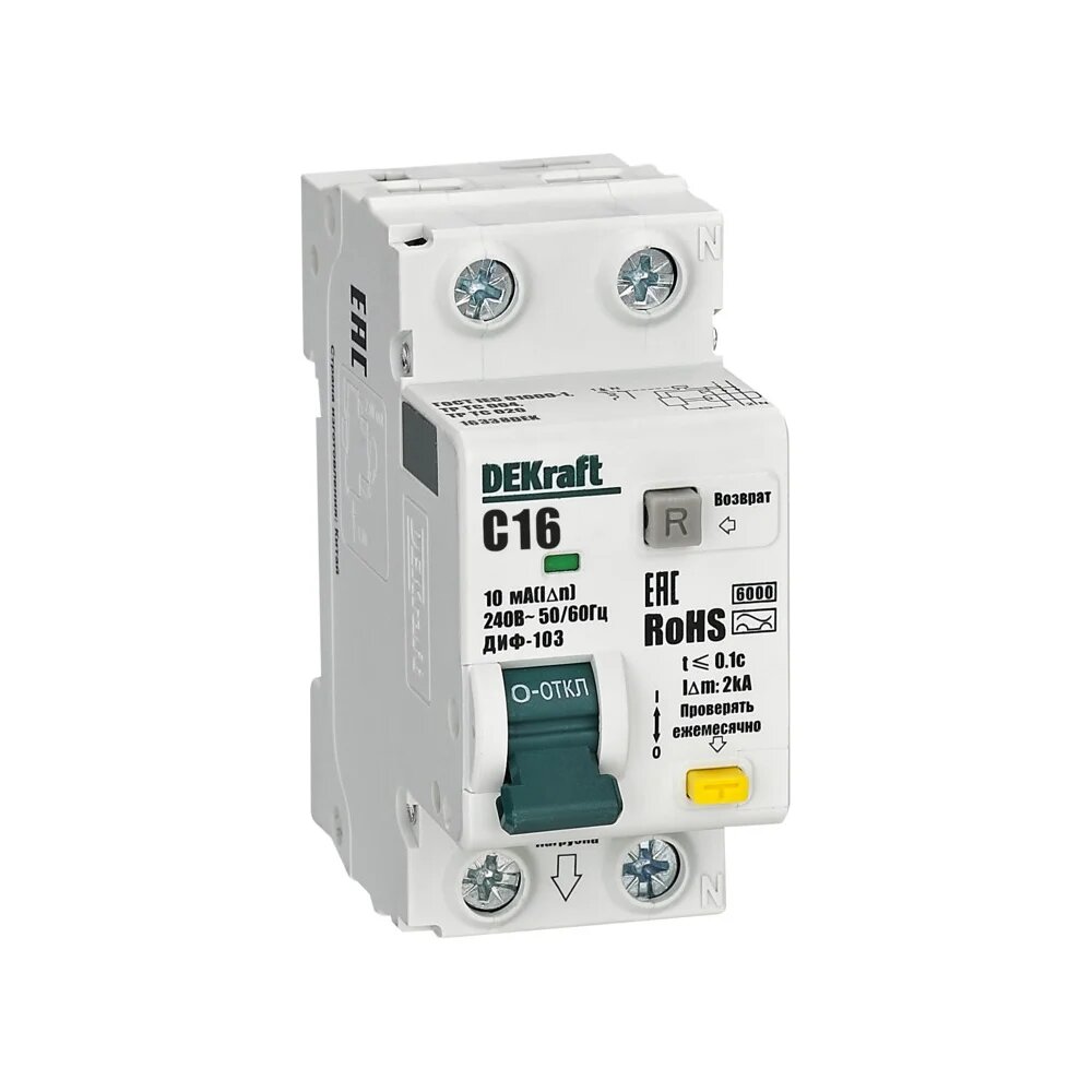 АВДТ Dekraft 1P+N 16А 10мА A х-ка C ДИФ-103 6кА нов. 16338DEK