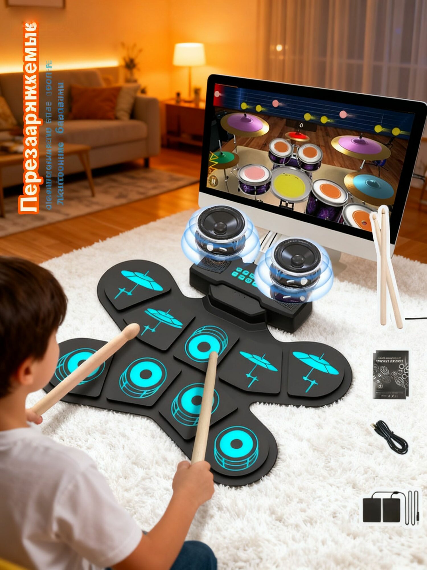 Гибкая ударная установка барабаны электронные с педалями и динамиками, MOYUWIT, Универсален для мобильных телефонов и компьютеров, может использоваться в качестве MIDI-устройствLOKB