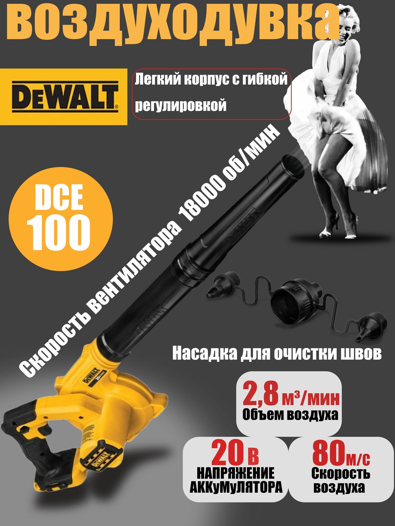 DEWALT DCE100-1 20 В воздуходувка-пылесборник для домашнего компьютера, сдувка пыли, очистка листьев, опилок