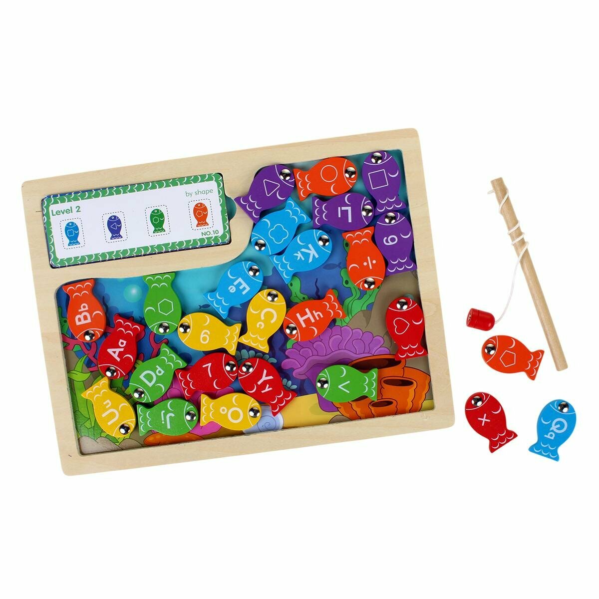 Деревянная развивающая игрушка «Рыбалка» с магнитной удочкой, 32x23x2,4 см, обучение буквам и цифрам