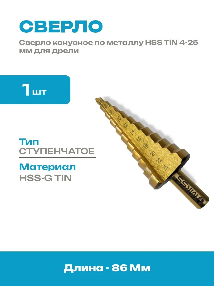 Сверло по металлу ступенчатое TiN с прямой канавкой 4-25
