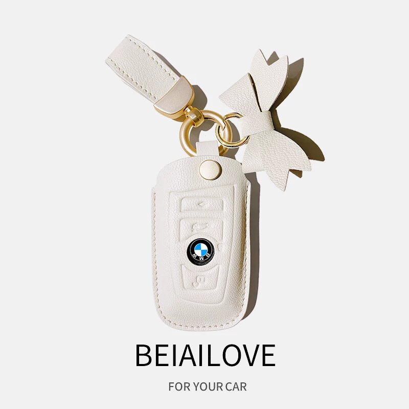 Чехол для ключа BMW из кремового белого кожаного материала с белой лентой