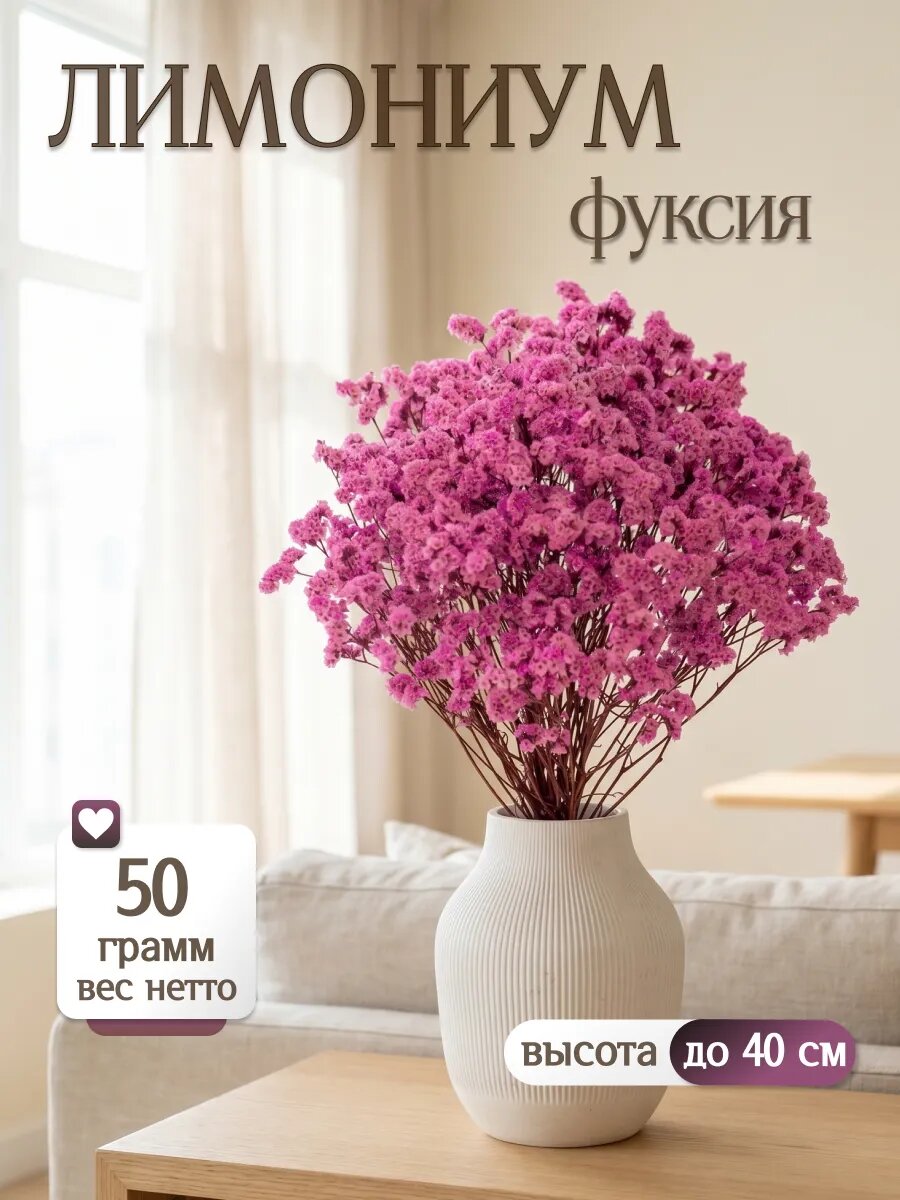 Стабилизированные цветы лимониума фуксия 50 г, сухоцветы для декора до 35 см, elka.bio