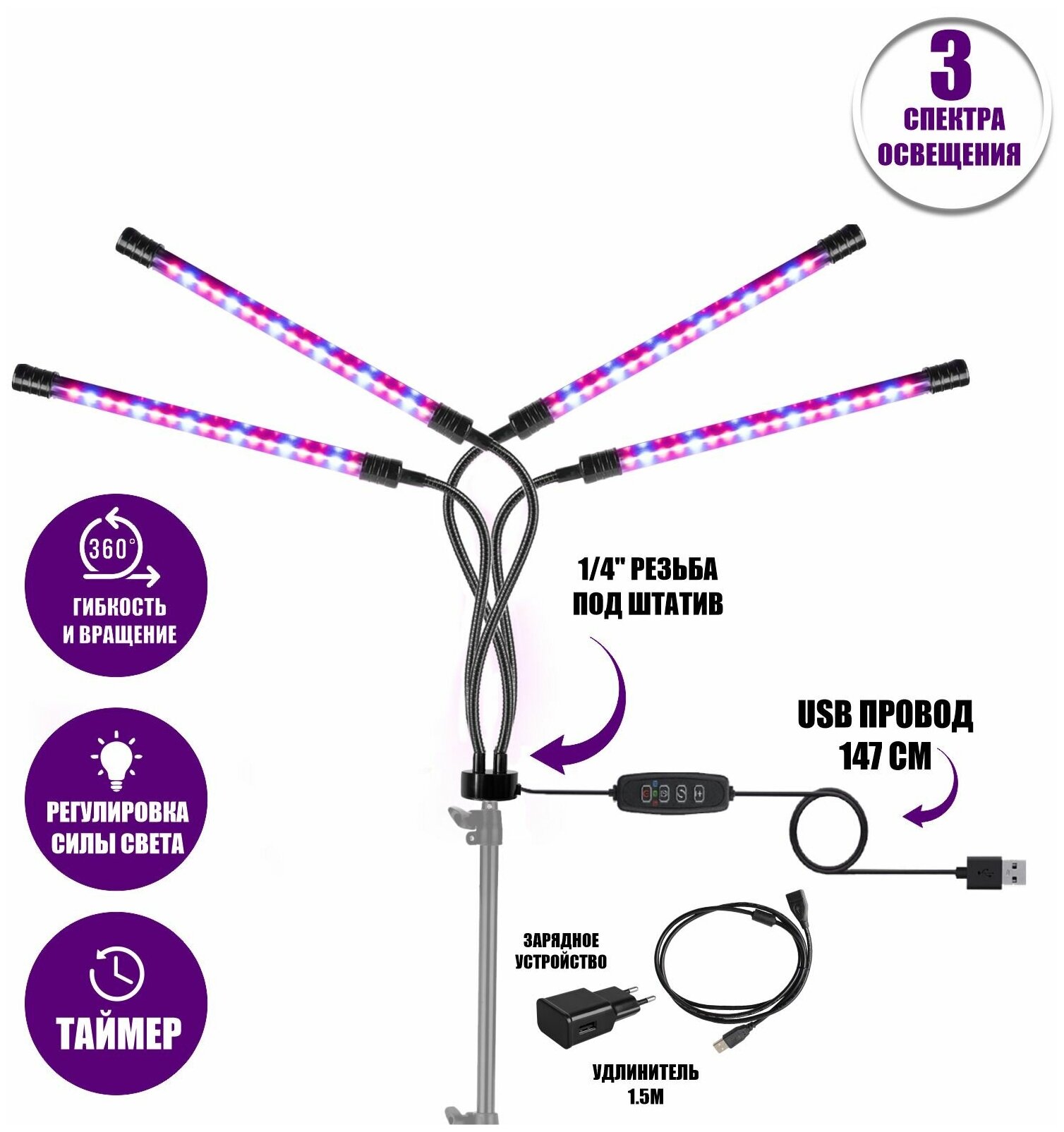 Фитолампа светодиодная 4 панели, светильник для растений с креплением на штатив с резьбой 1/4’’, пультом на проводе, удлинителем 1.5 м и адаптером
