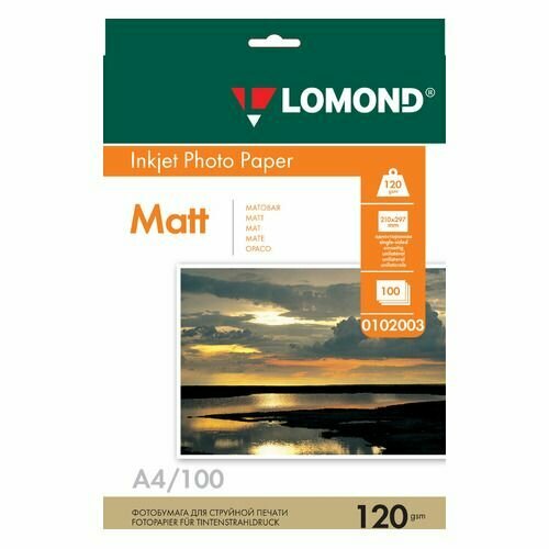 Фотобумага Lomond A4, для струйной печати, 100л, 120г/м2, белый, покрытие матовое [0102003]