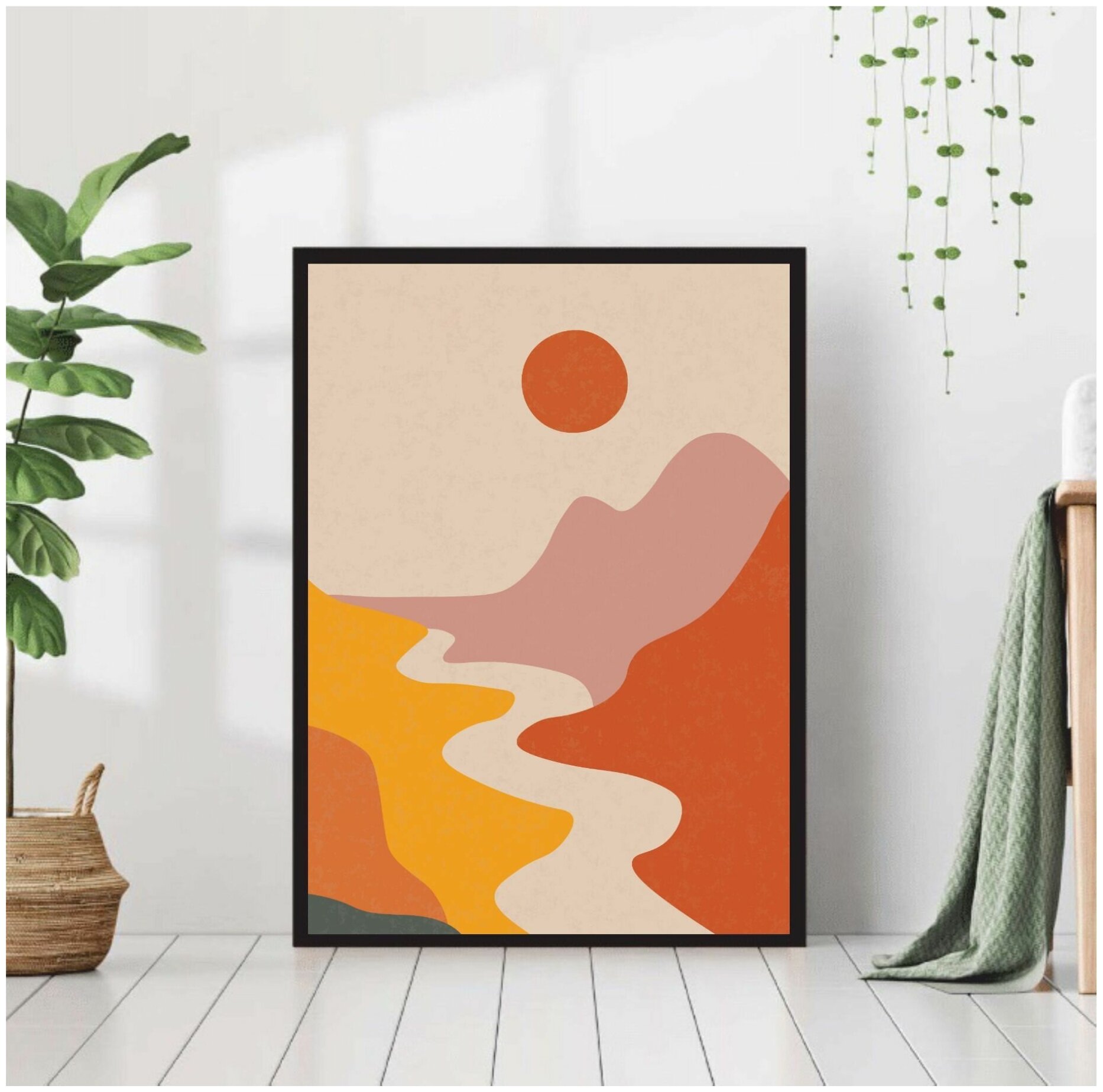 Постер "Абстракция, река в горах" 50х70 в черной рамке для интерьера на стену